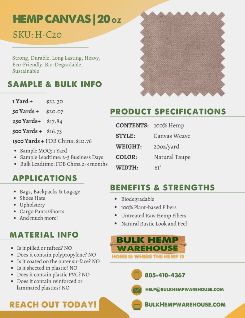 100% Hemp Canvas 20oz Plain Weave | Per Yard